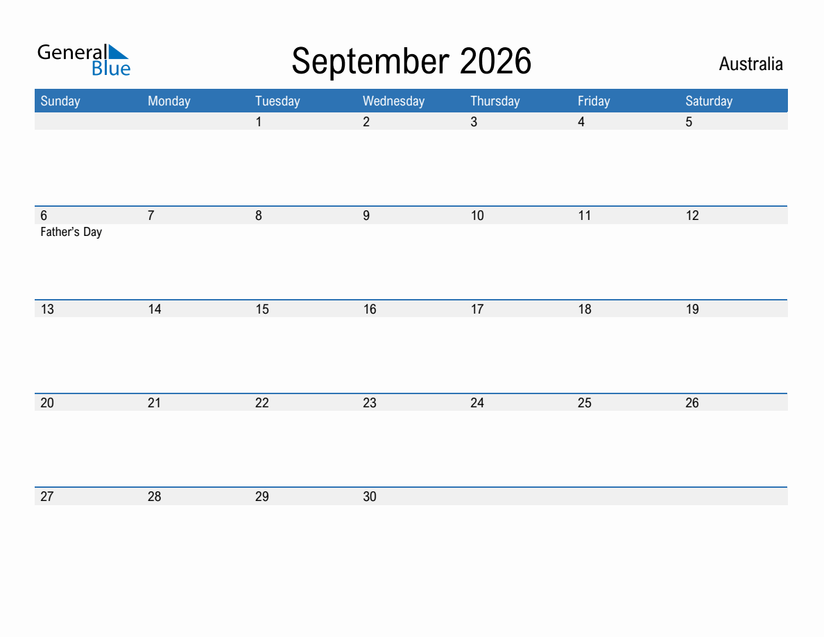 September 2026 Monthly Calendars with Australia Holidays