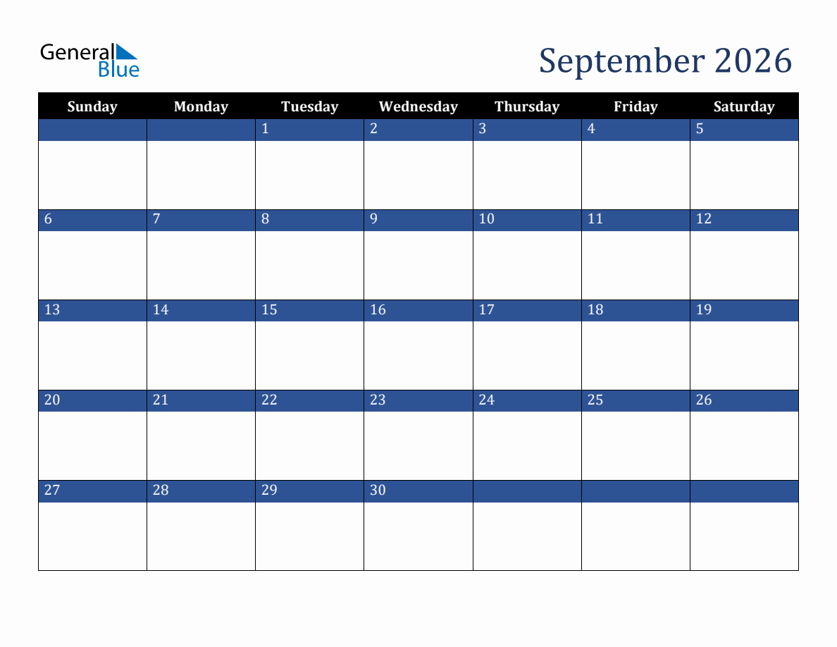 September 2026 Downloadable Sunday Start Calendar