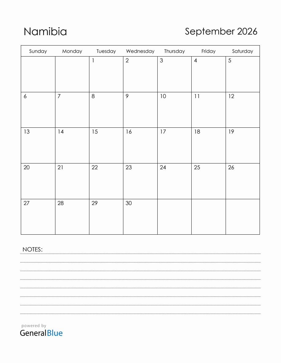 September 2026 Namibia Calendar with Holidays