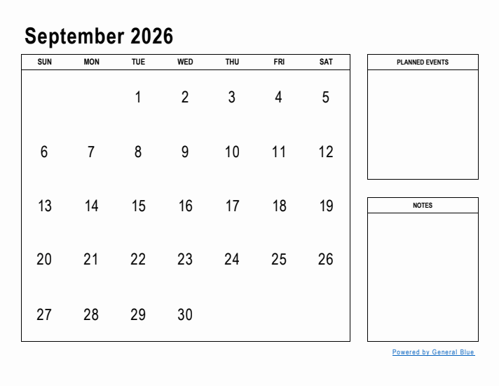 Printable September 2026 Calendar