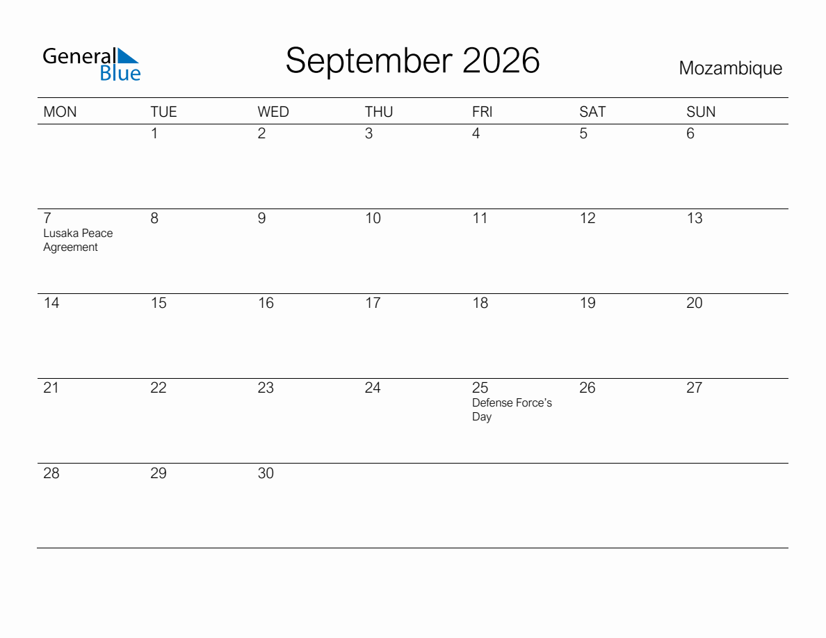 Printable September 2026 Monthly Calendar with Holidays for Mozambique