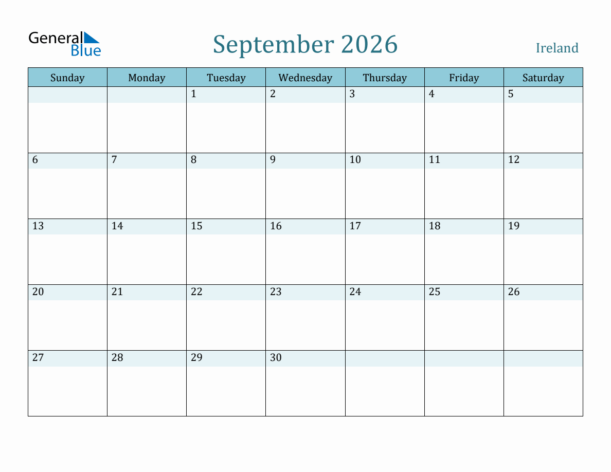 Ireland Holiday Calendar for September 2026