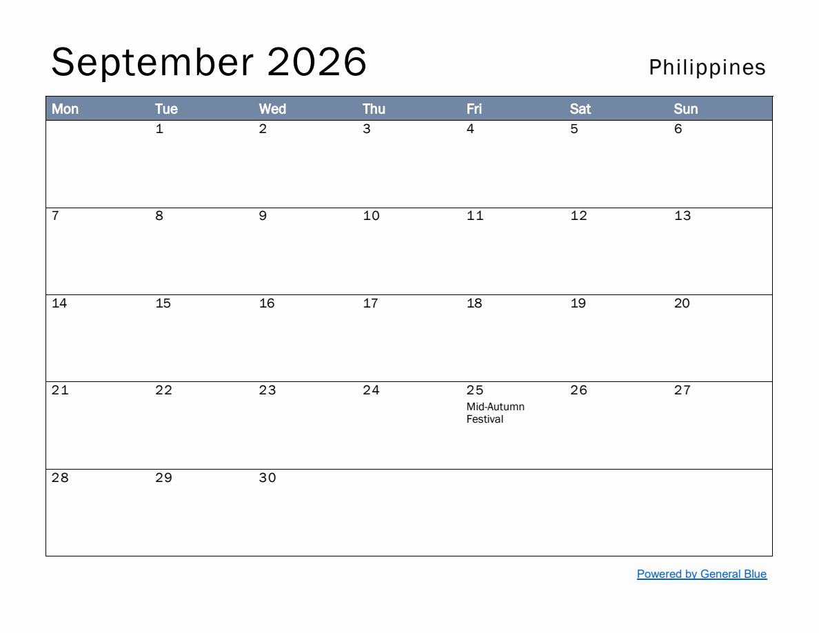 Free Monthly Calendar Template for September 2026 with Philippines ...