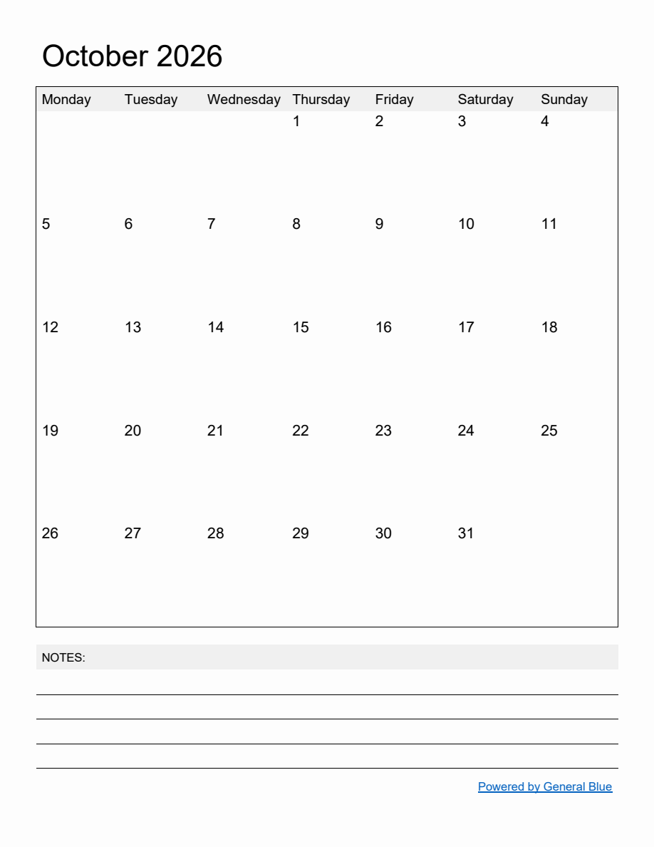 Free Printable Monthly Calendar for October 2026 - Monday Start