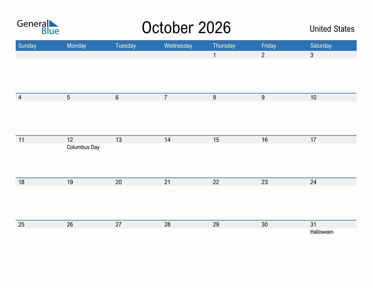 October 2026 Monthly Calendars with United States Holidays