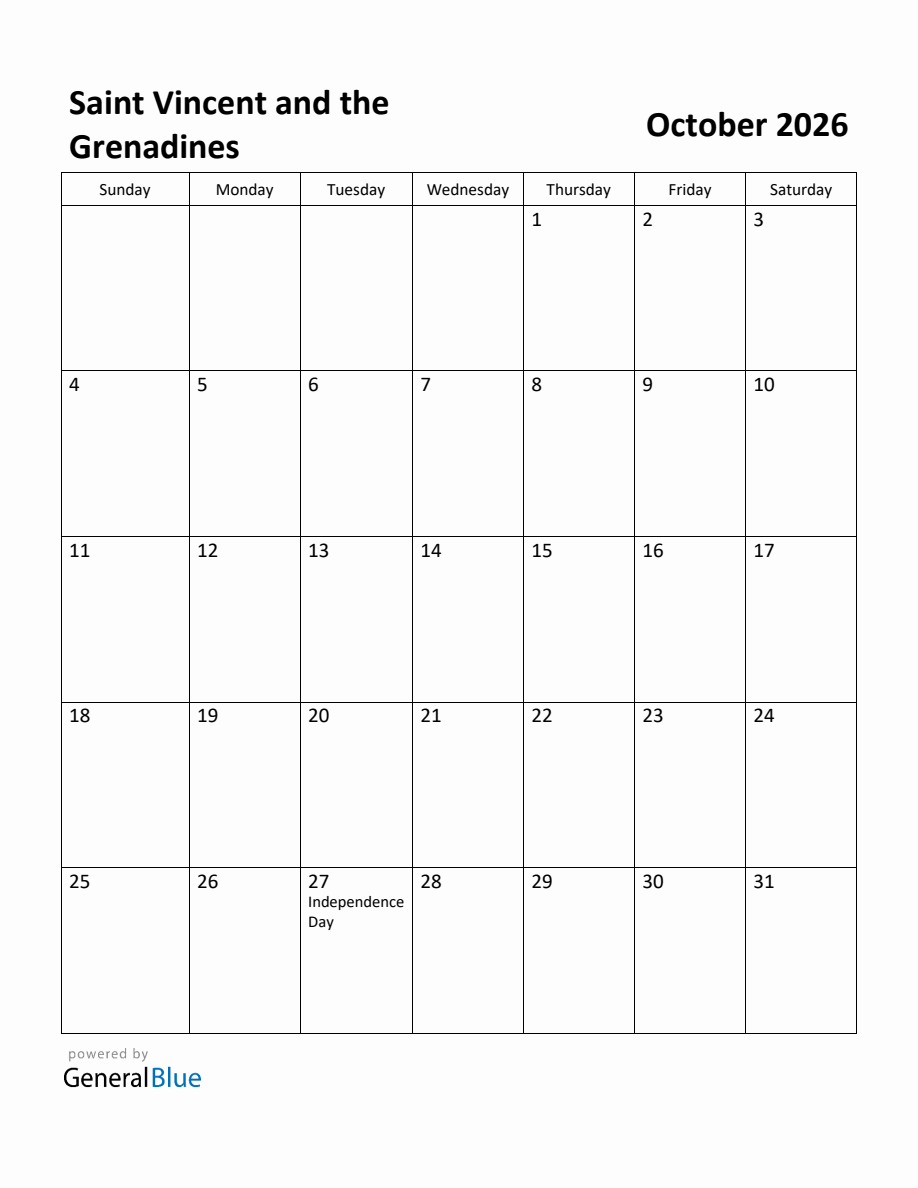Free Printable October 2026 Calendar for Saint Vincent and the Grenadines