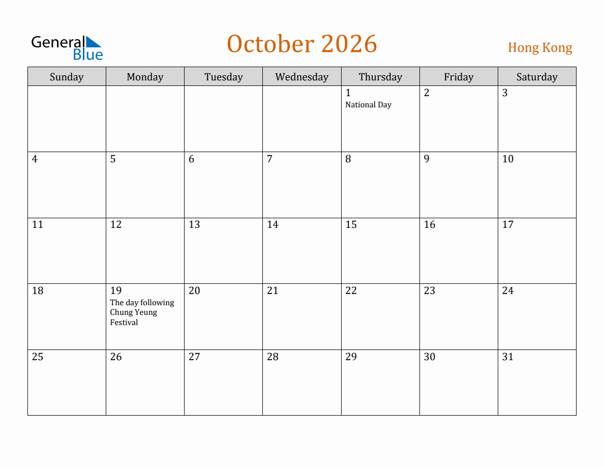 Free October 2026 Hong Kong Calendar