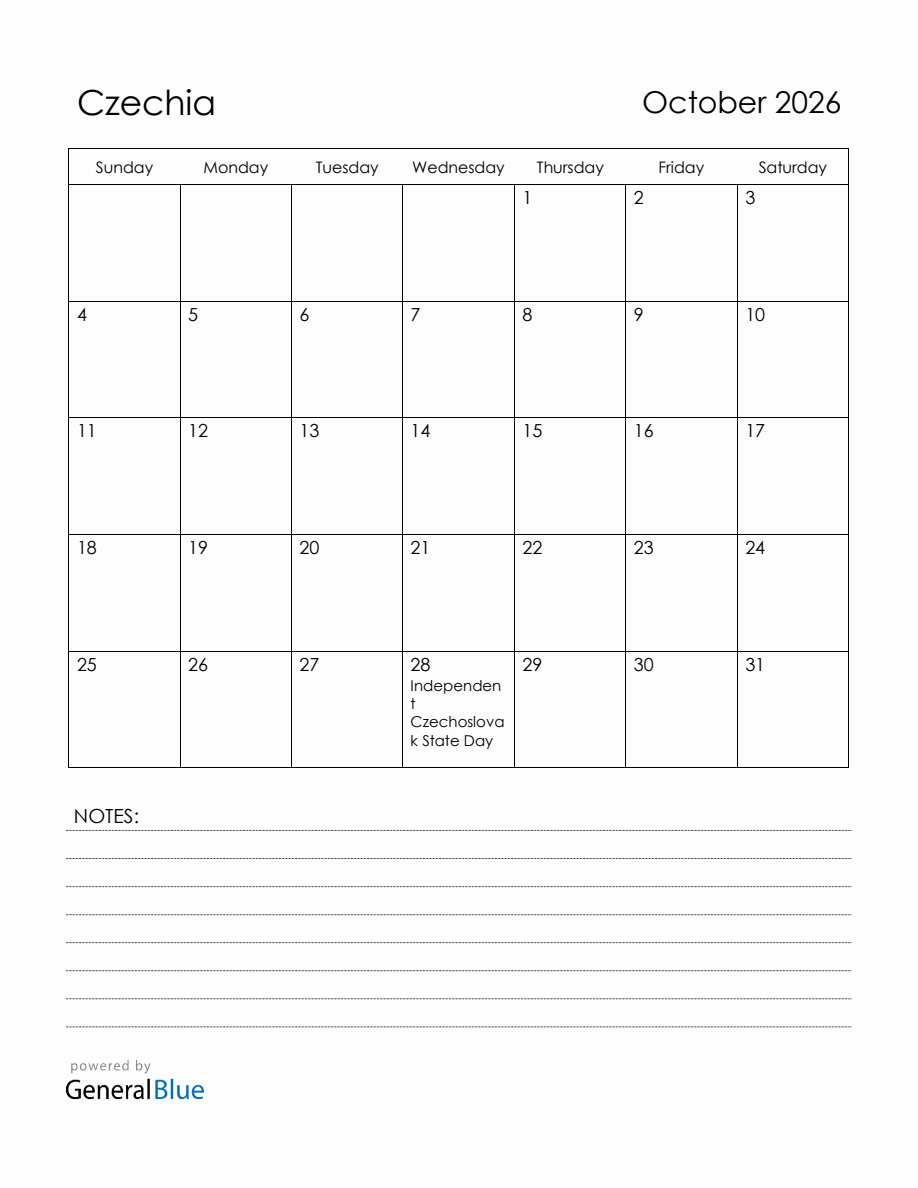 October 2026 Czechia Calendar with Holidays