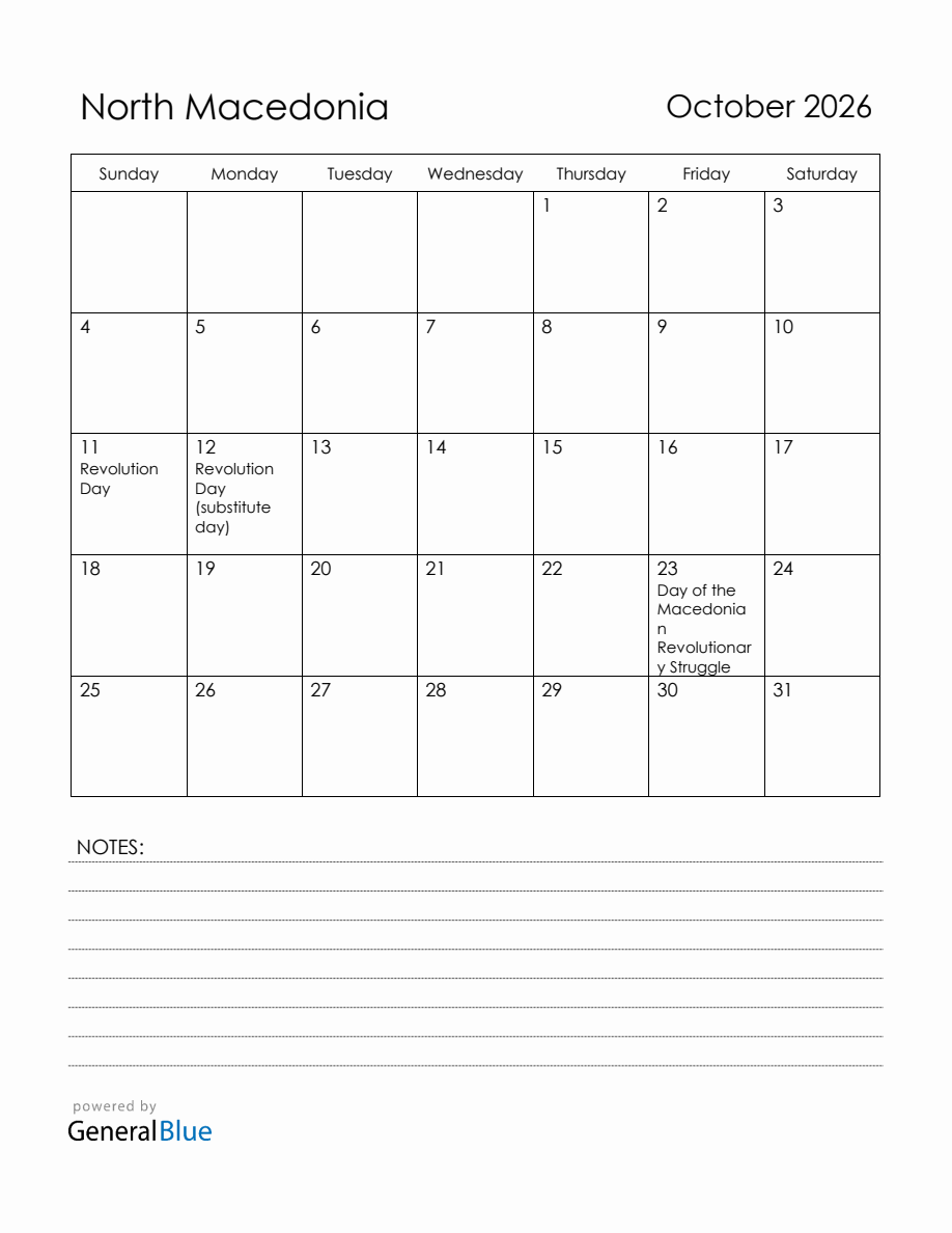 October 2026 North Macedonia Calendar with Holidays