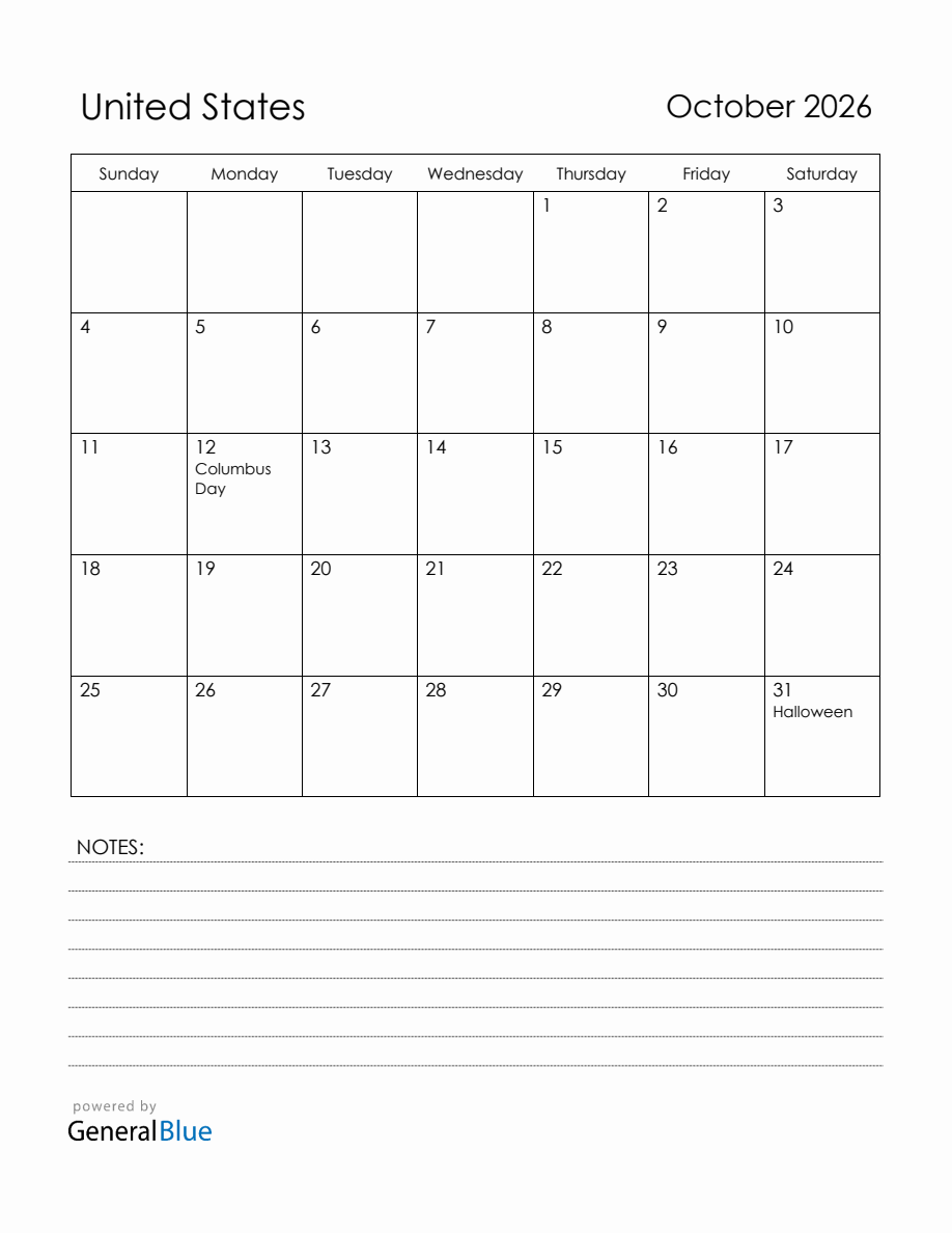October 2026 United States Calendar with Holidays