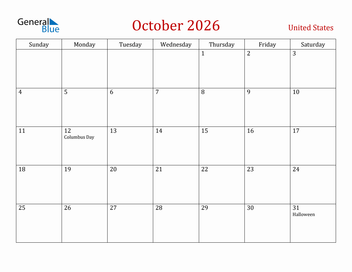 October 2026 United States Monthly Calendar with Holidays