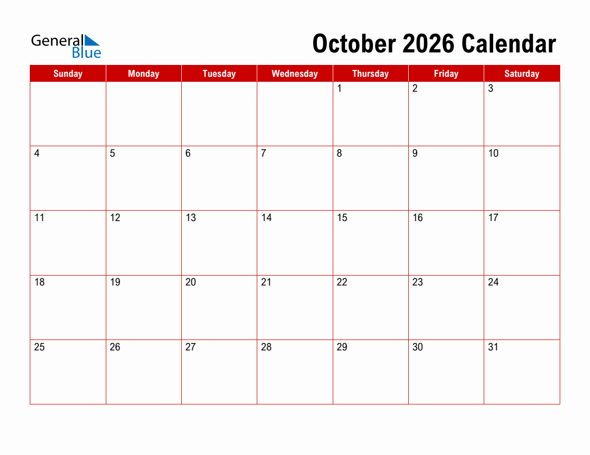 Basic Monthly Calendar - October 2026