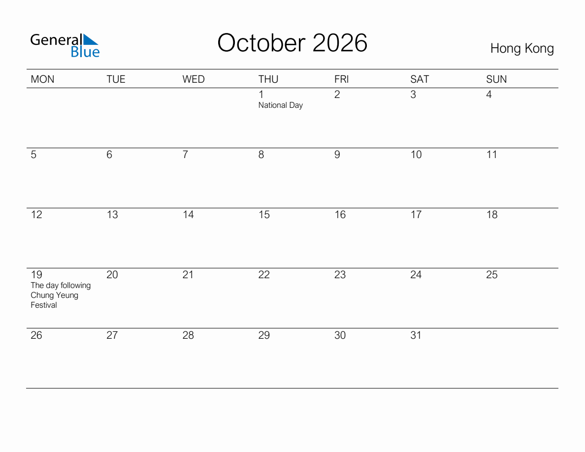 Printable October 2026 Monthly Calendar with Holidays for Hong Kong ...