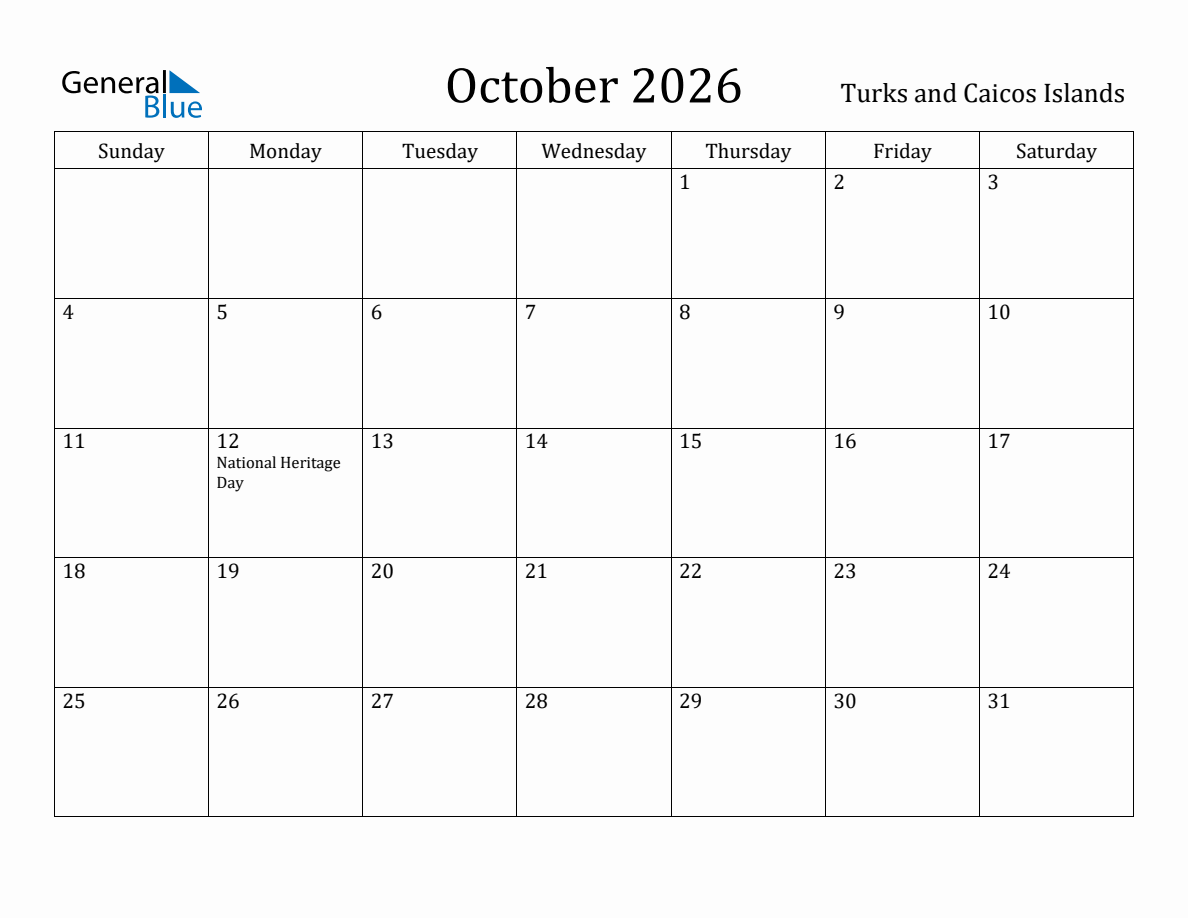 October 2026 Monthly Calendar with Turks and Caicos Islands Holidays
