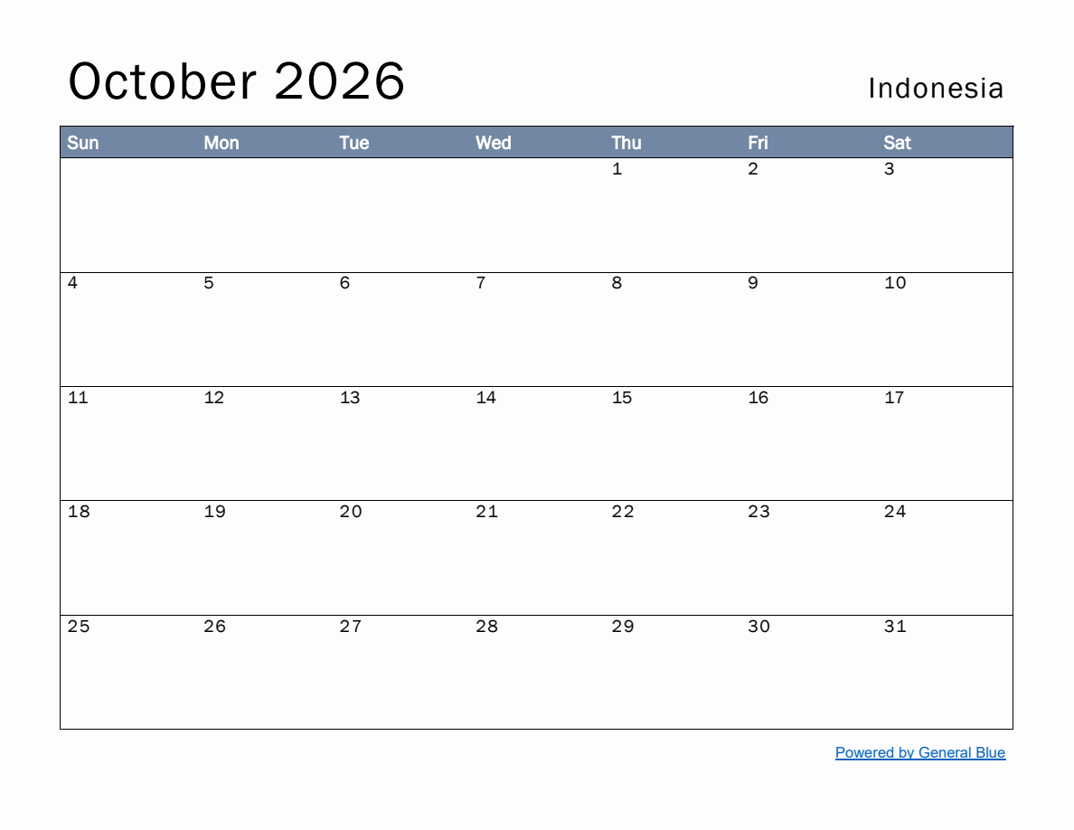 Free Monthly Calendar Template for October 2026 with Indonesia Holidays