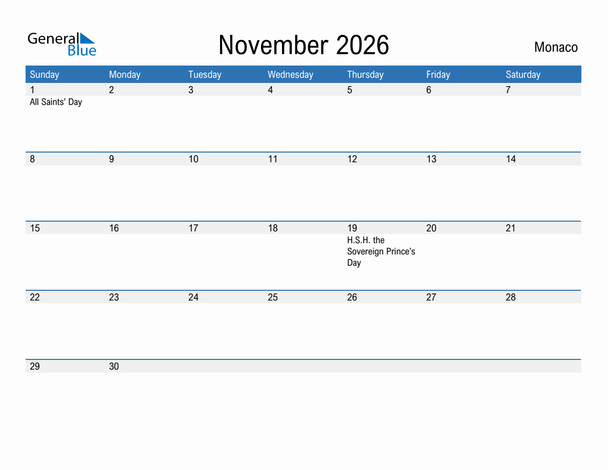 Editable November 2026 Calendar with Monaco Holidays