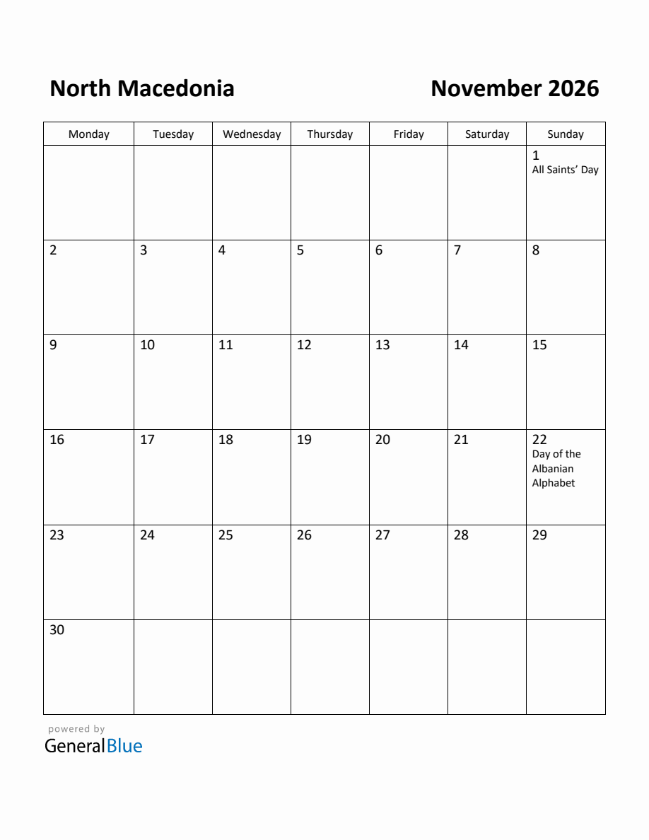 Free Printable November 2026 Calendar for North Macedonia (Monday Start)