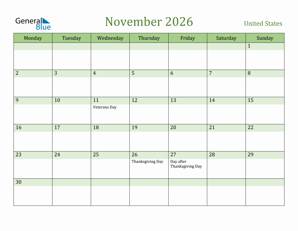 Fillable Holiday Calendar for United States - November 2026 (Monday Start)