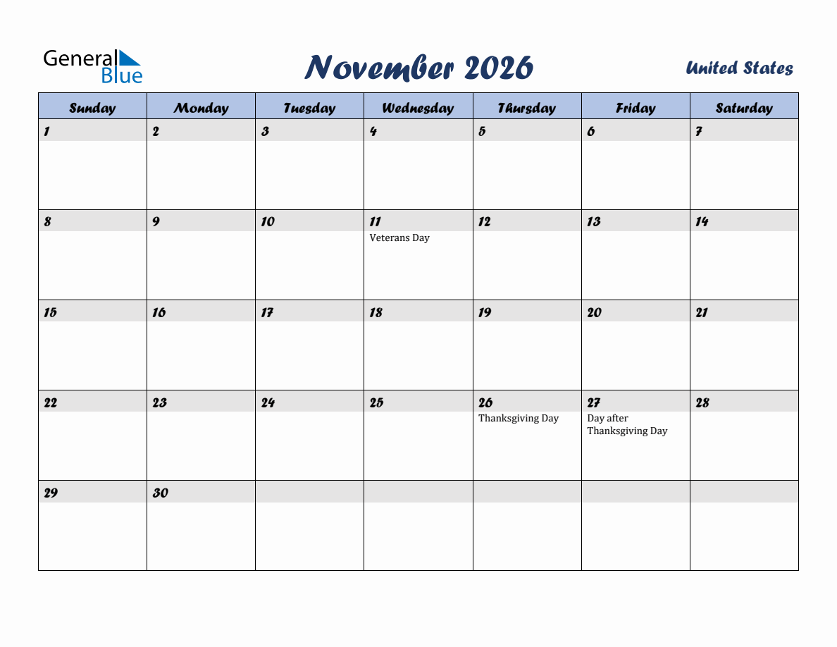 November 2026 Monthly Calendar Template with Holidays for United States