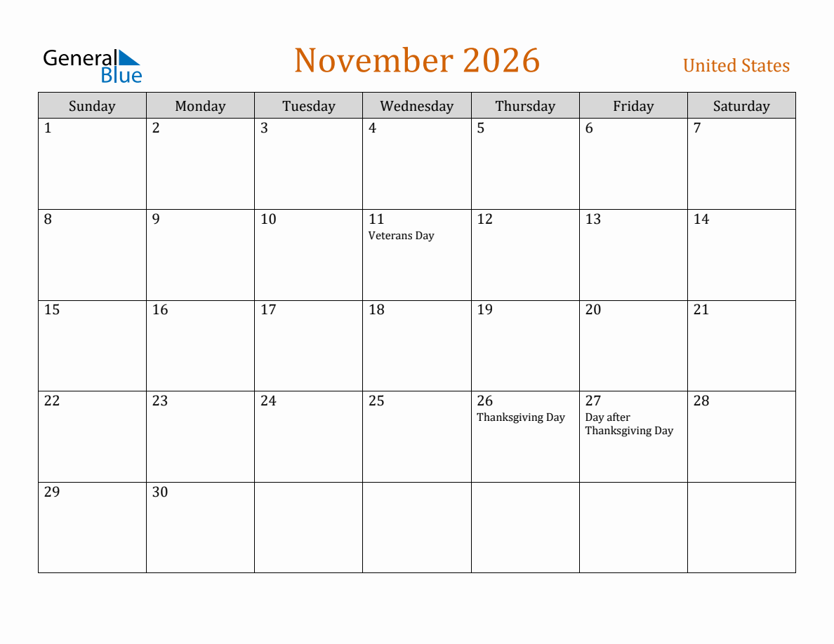 Free November 2026 United States Calendar