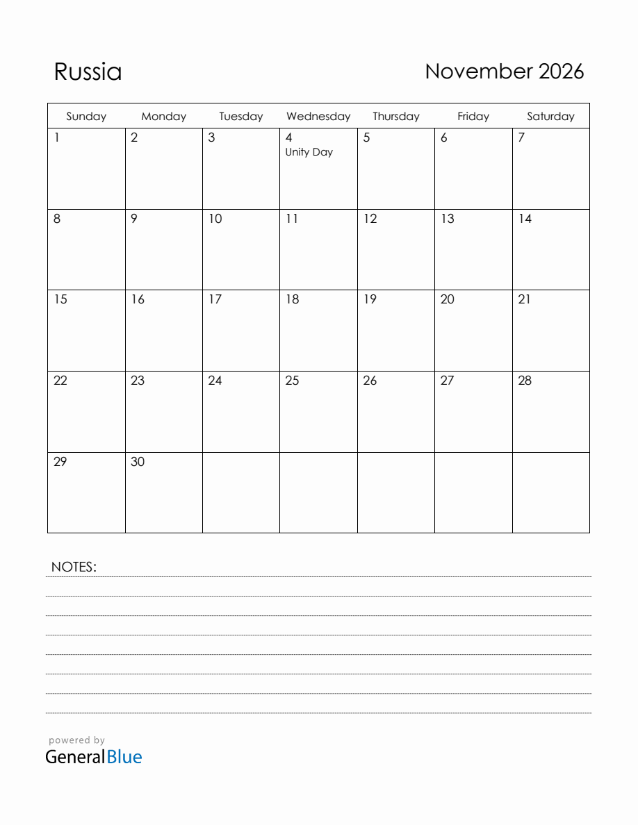 November 2026 Russia Calendar with Holidays