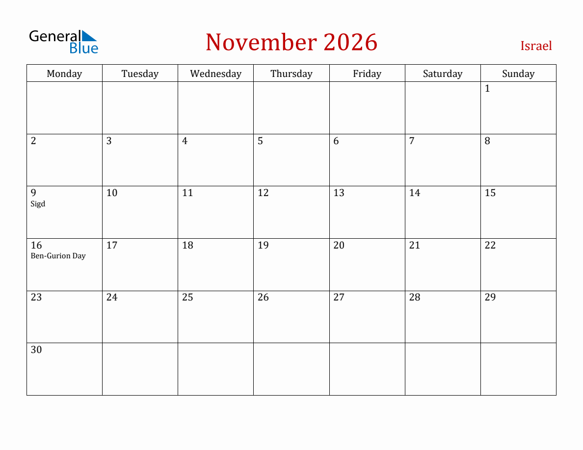 November 2026 Israel Monthly Calendar with Holidays (Monday Start)