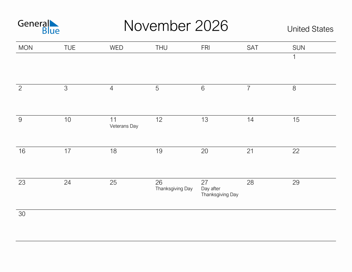 Printable November 2026 Monthly Calendar with Holidays for United States