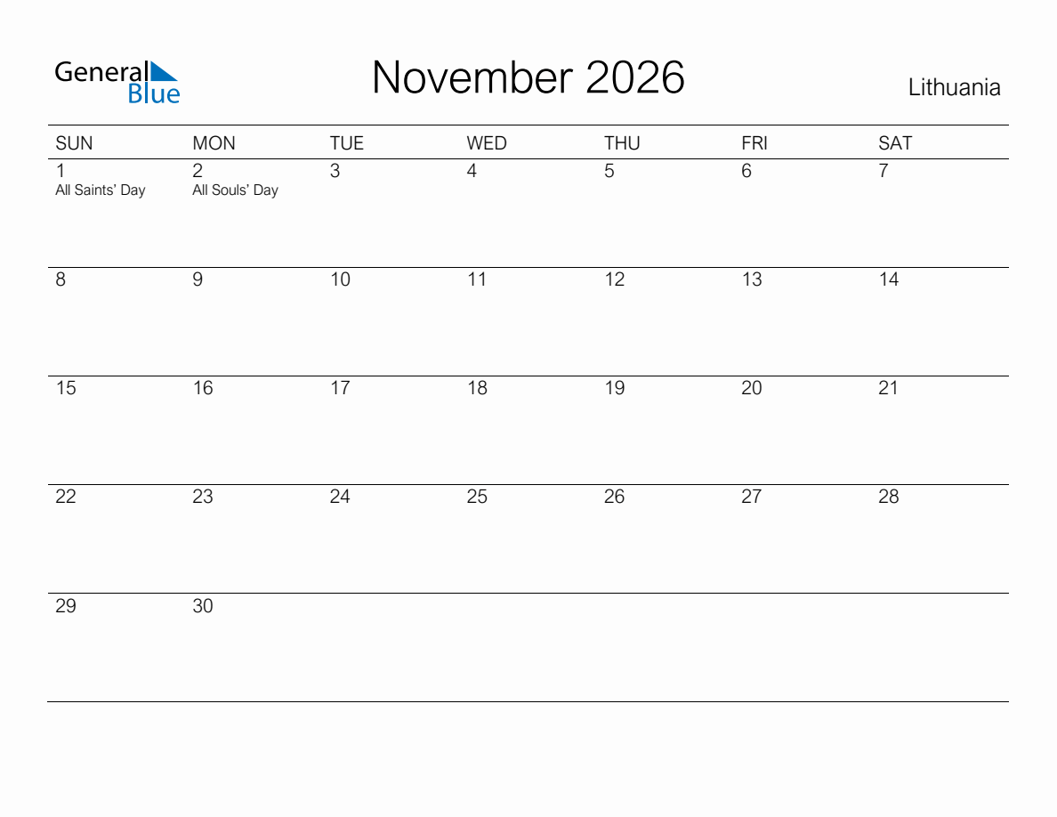 Printable November 2026 Monthly Calendar with Holidays for Lithuania