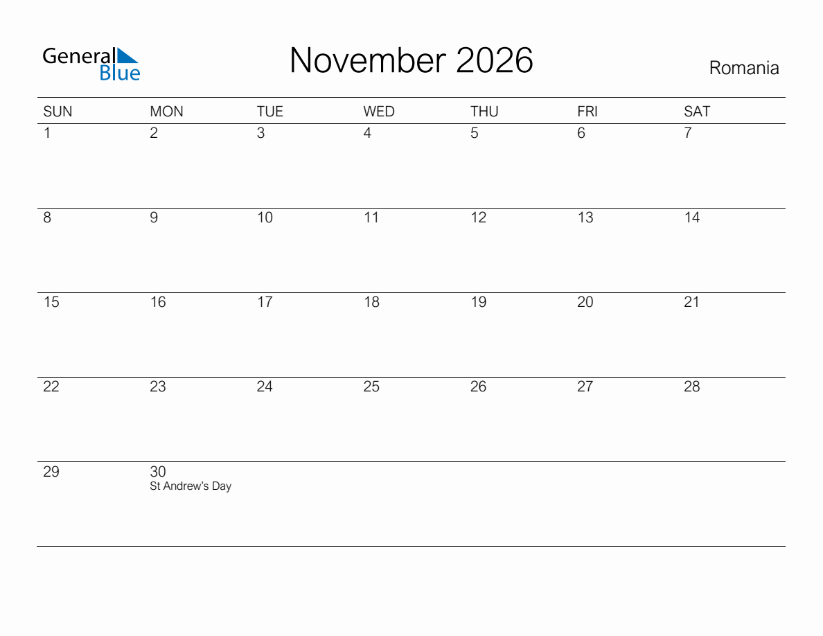 Printable November 2026 Monthly Calendar with Holidays for Romania