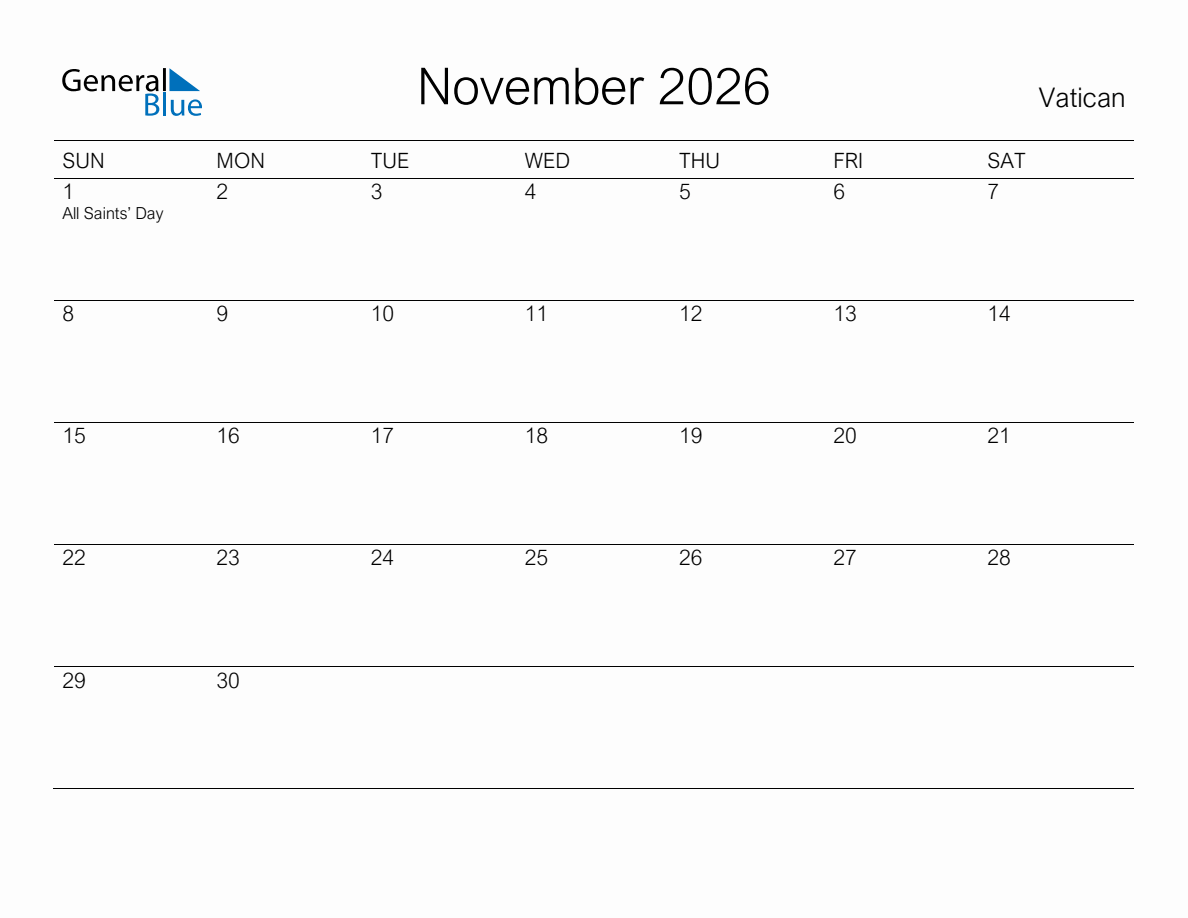 Printable November 2026 Monthly Calendar with Holidays for Vatican