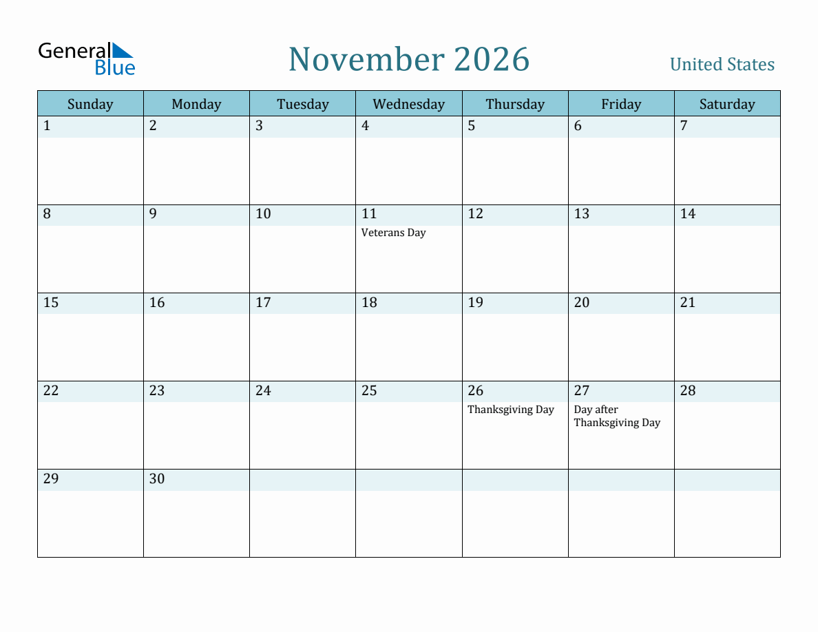 United States Holiday Calendar for November 2026