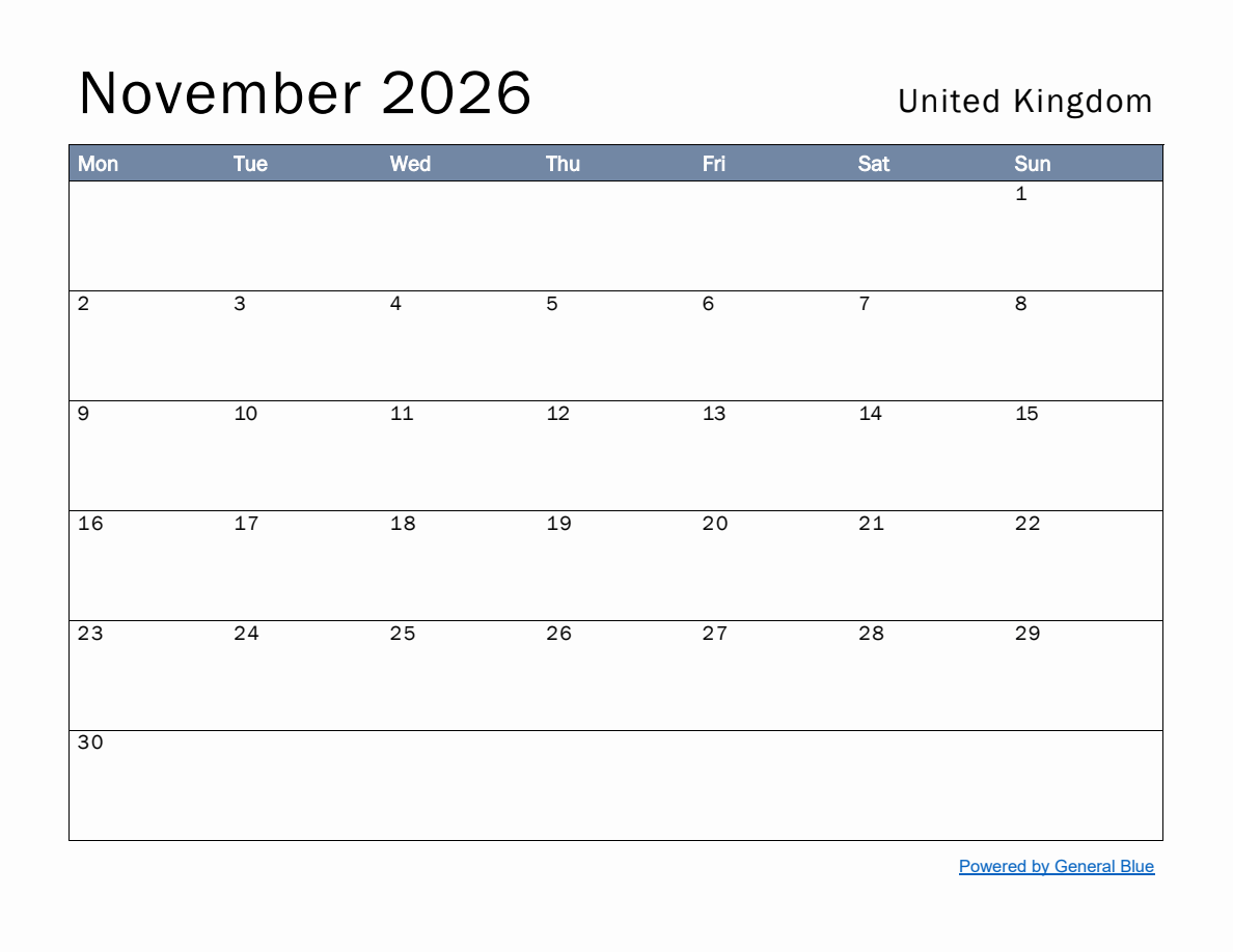 Free Monthly Calendar Template for November 2026 with United Kingdom ...