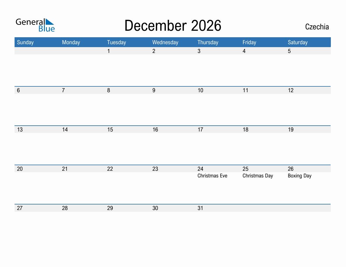 December 2026 Monthly Calendars with Czechia Holidays