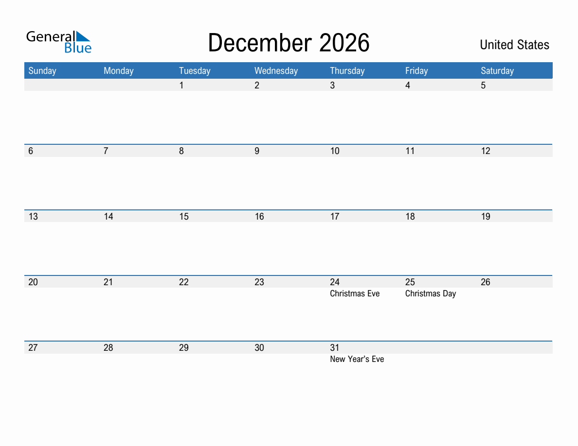 December 2026 Monthly Calendars with United States Holidays