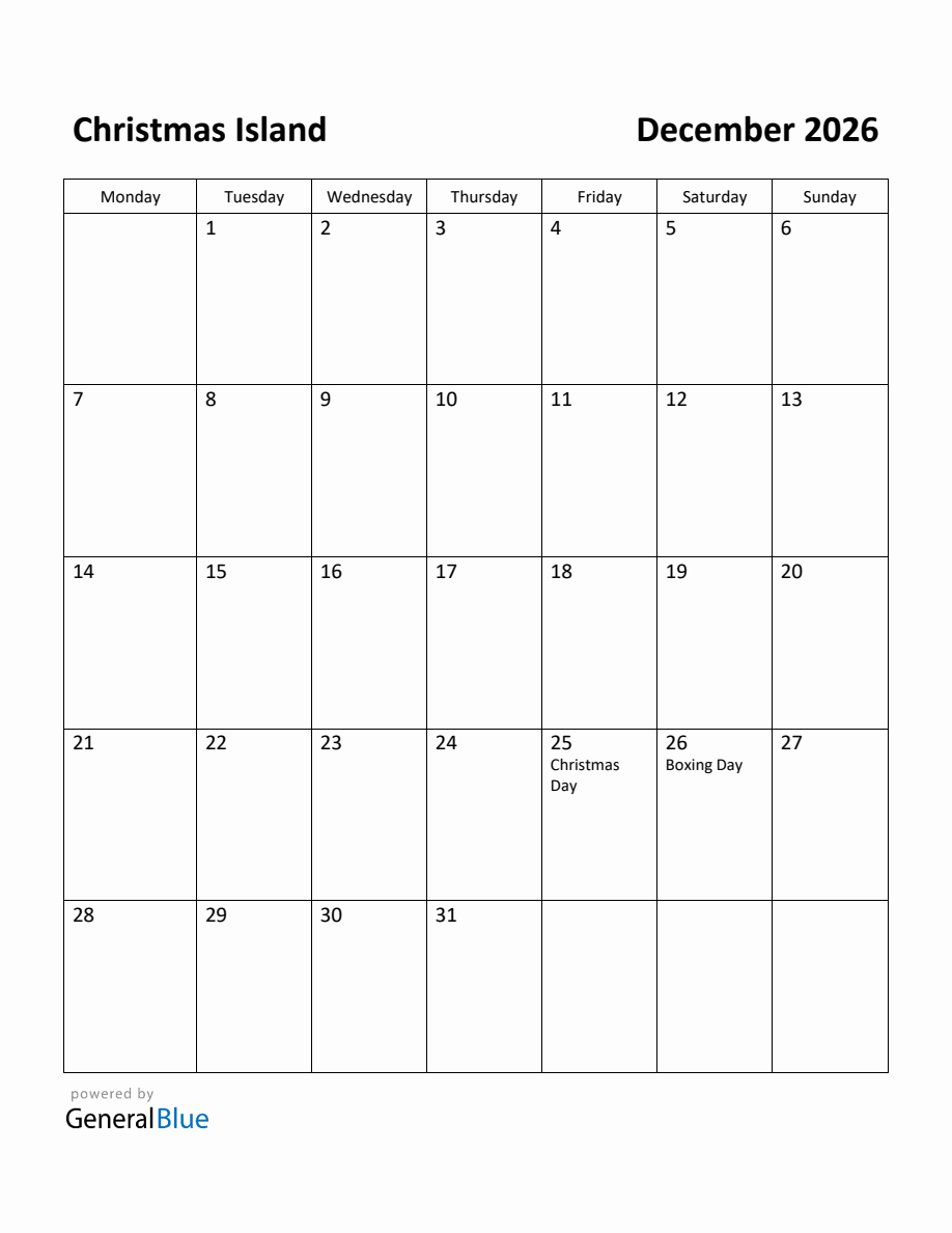 Free Printable December 2026 Calendar for Christmas Island (Monday Start)