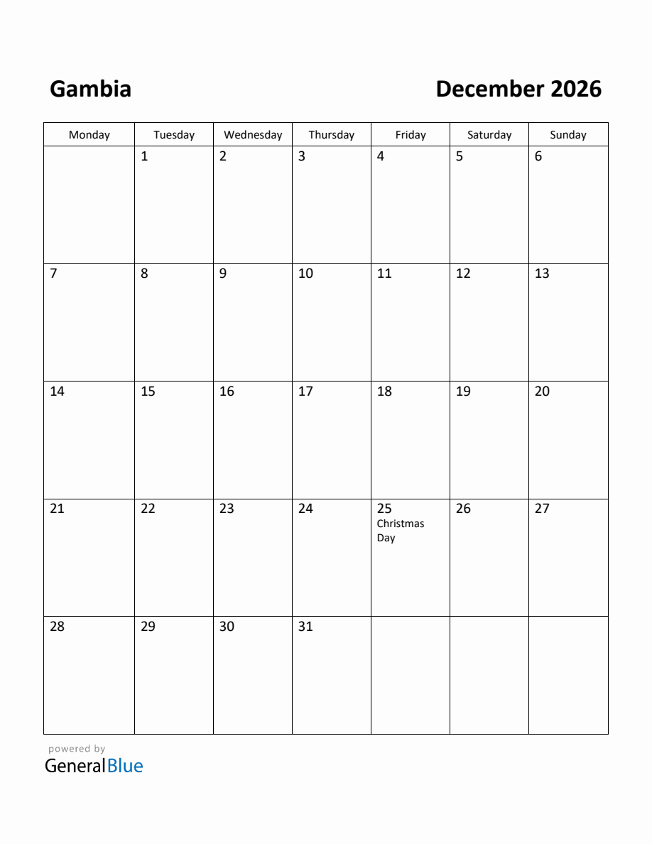 Free Printable December 2026 Calendar for Gambia (Monday Start)