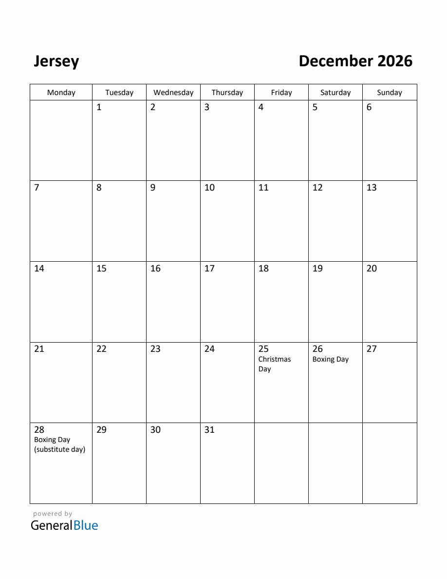 Free Printable December 2026 Calendar for Jersey (Monday Start)