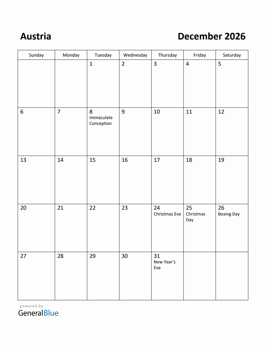 Free Printable December 2026 Calendar for Austria