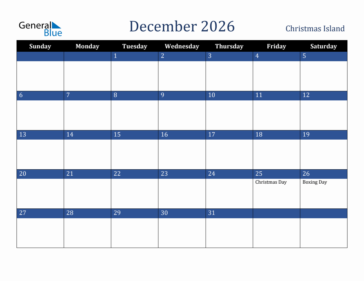 December 2026 Christmas Island Holiday Calendar