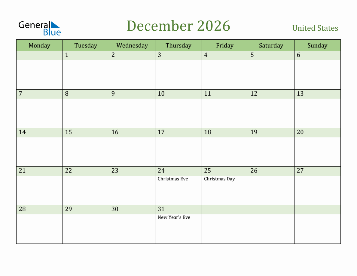 Fillable Holiday Calendar for United States - December 2026 (Monday Start)