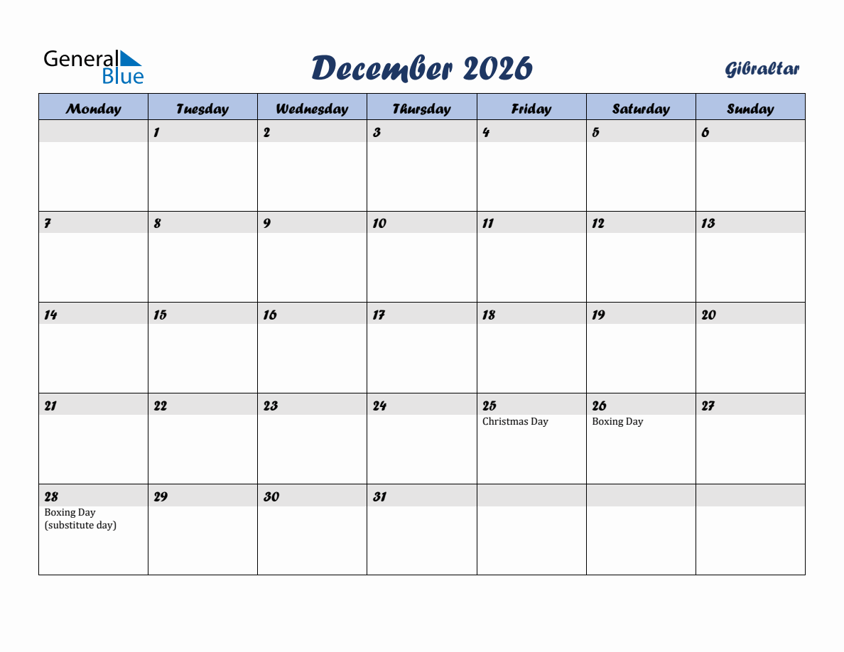 December 2026 Monthly Calendar Template with Holidays for Gibraltar ...