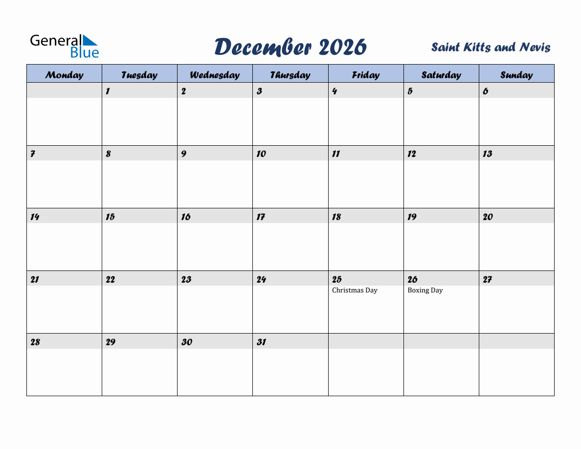 December 2026 Monthly Calendar Template with Holidays for Saint Kitts ...