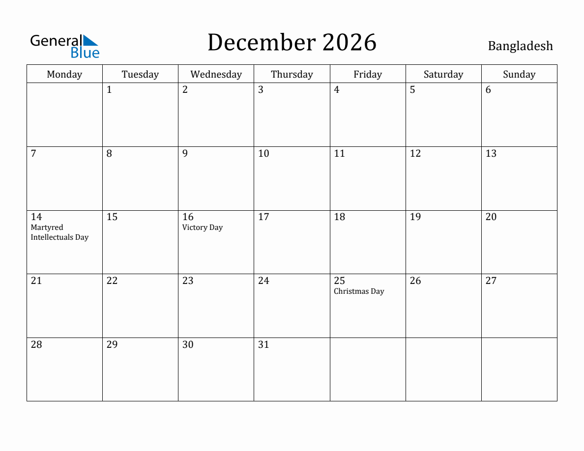 Bangladesh Monthly Calendar - December 2026 (Monday Start)