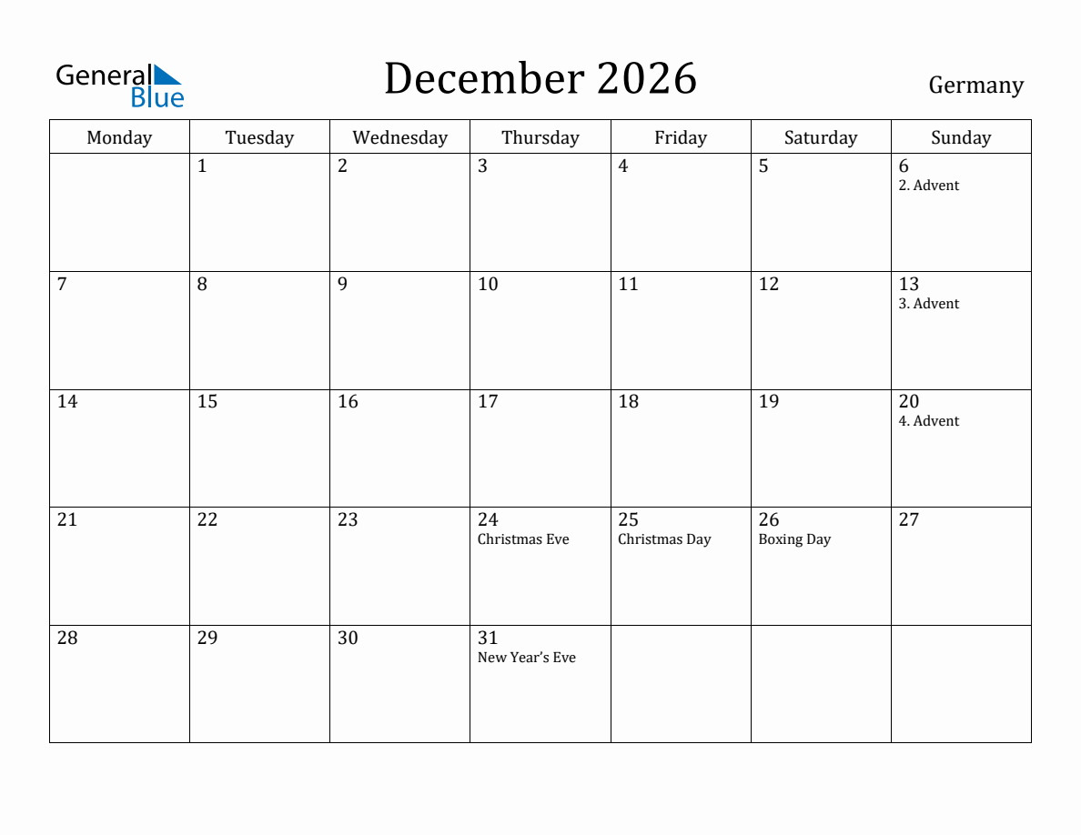 Germany Monthly Calendar - December 2026 (Monday Start)