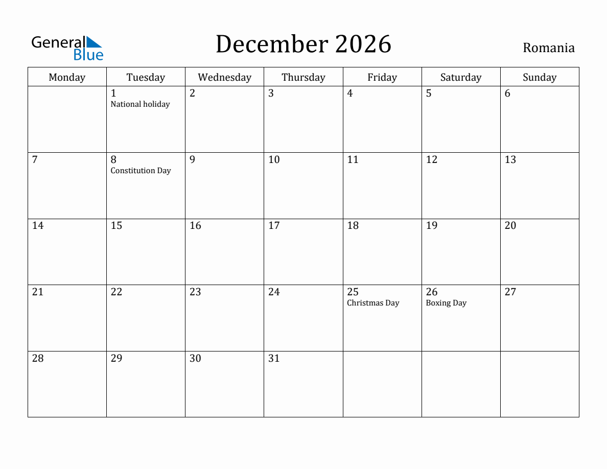 December 2026 - Romania Monthly Calendar with Holidays