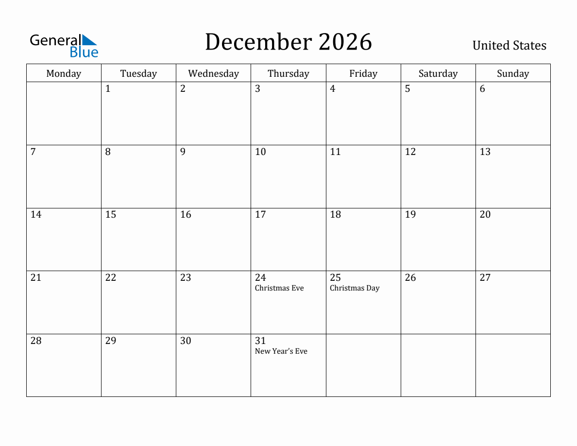 United States Monthly Calendar - December 2026 (Monday Start)