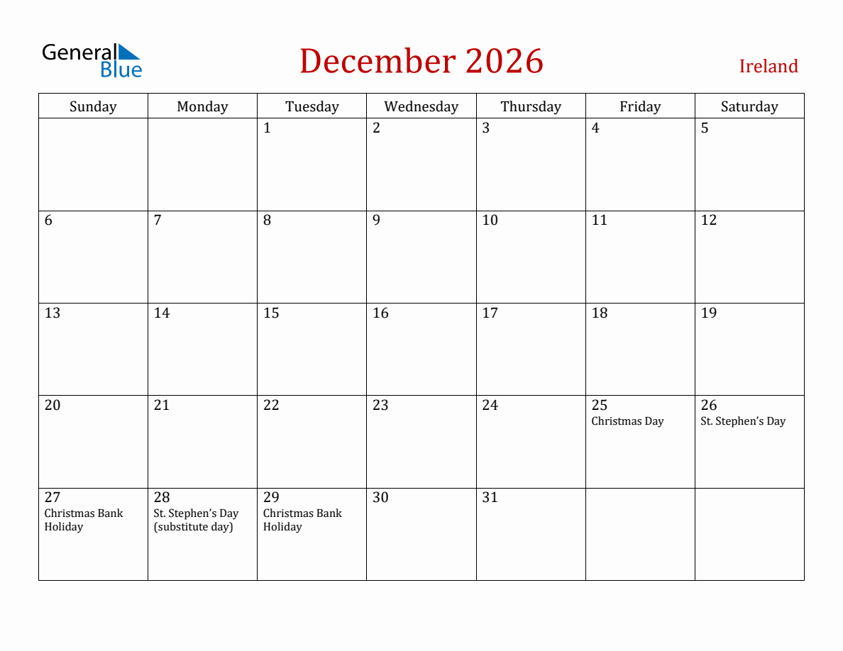 December 2026 Ireland Monthly Calendar with Holidays
