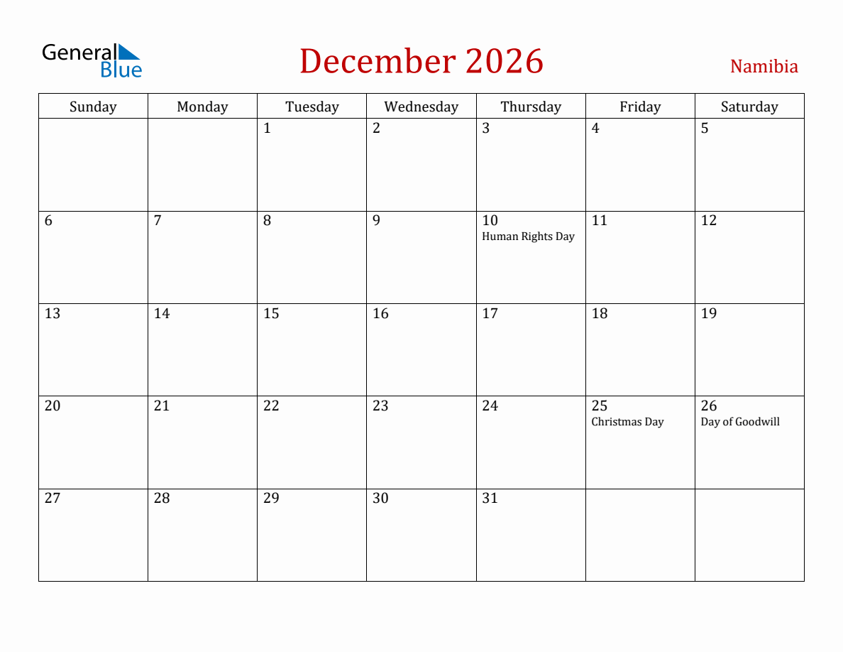 December 2026 Namibia Monthly Calendar with Holidays