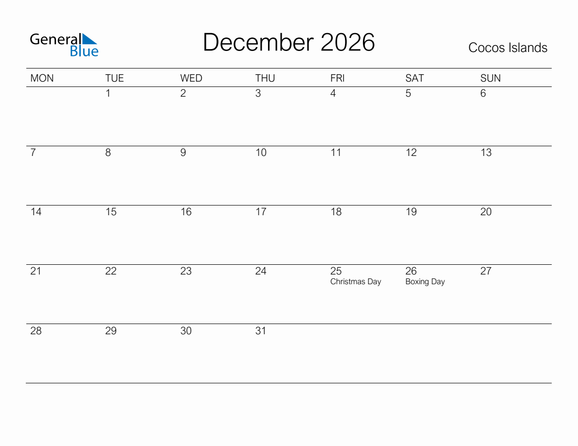 Printable December 2026 Monthly Calendar with Holidays for Cocos ...