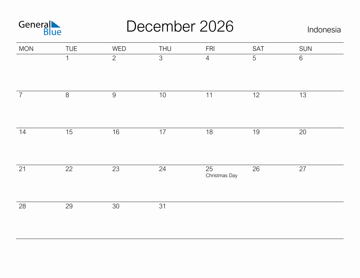 Printable December 2026 Monthly Calendar with Holidays for Indonesia ...